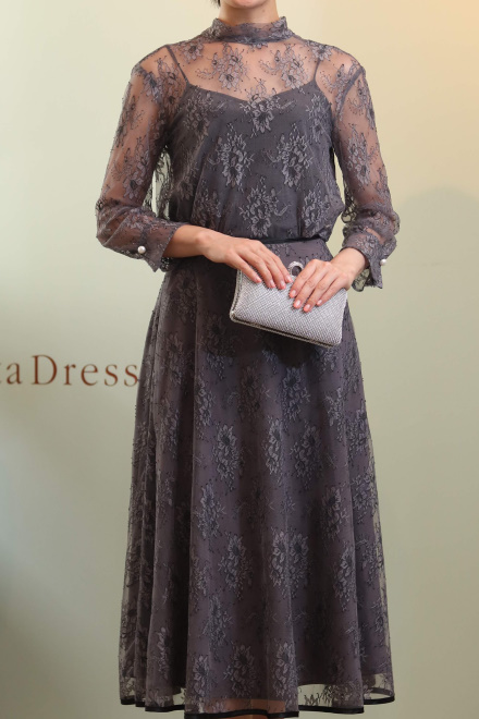 Mion（ミオン）【Kaene】大人グレー刺繍レース2wayセパレートミディドレス～ コーデ5点セット